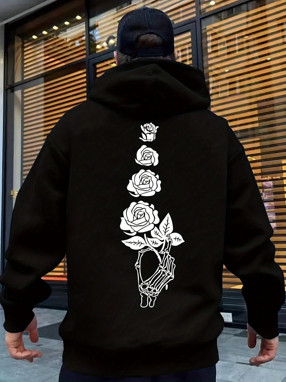 Men's Skull Holding Rose Graphic Hoodie | Loose Fit Drawstring Pullove ...